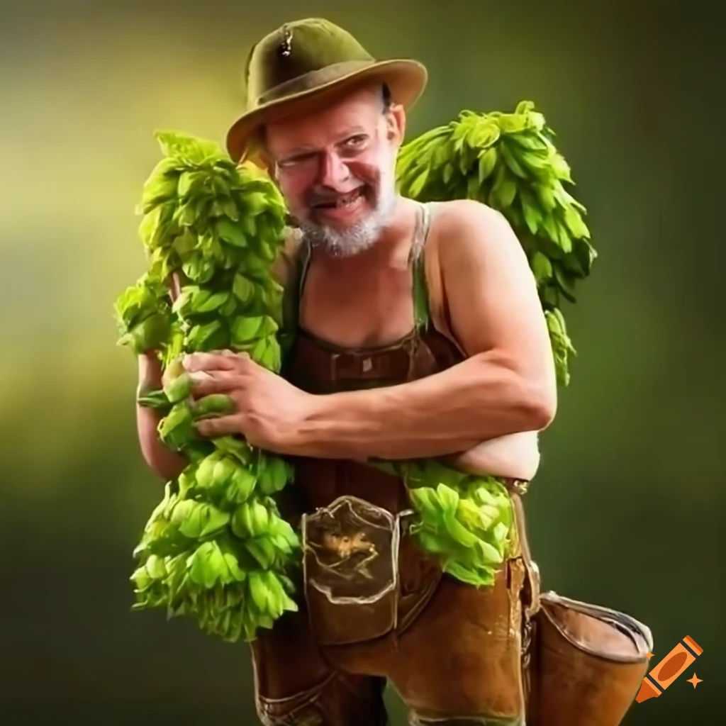 Bavarian man in traditional costume enjoying hops on Craiyon