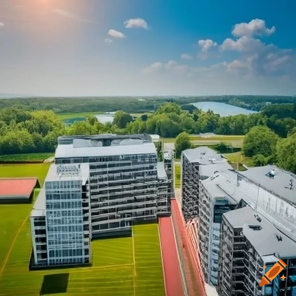 Modern boarding school building with rooftop pool on a small island ...