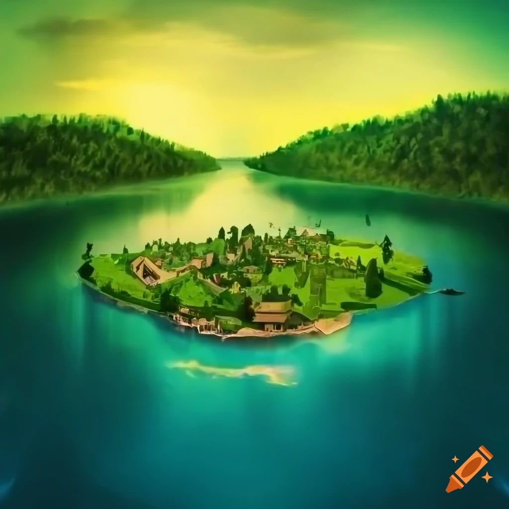 Small fantasy city on an island in the middle of a river with green ...
