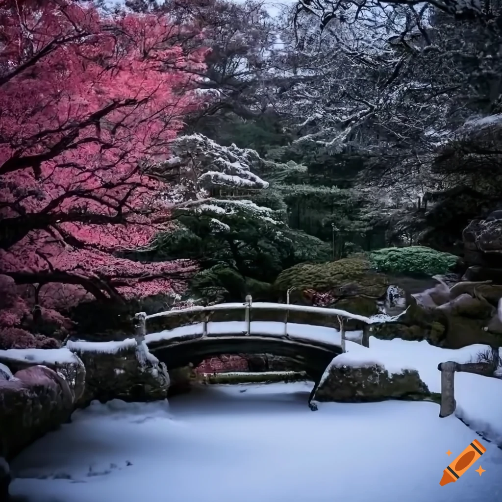 Serene japanese garden with bridges, blossoms, and ancient statues in ...