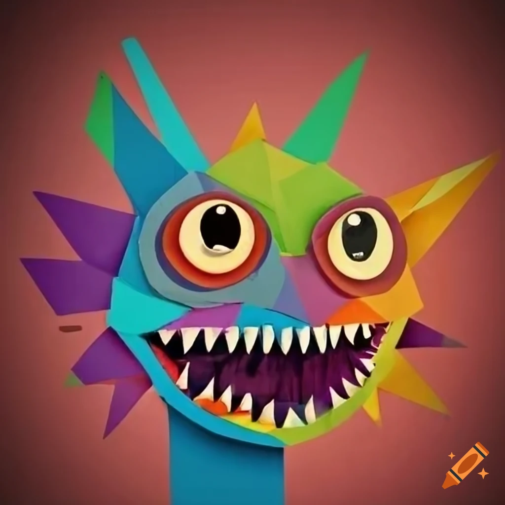 Colorful monster with multiple eyes and claws in a collage art style on ...