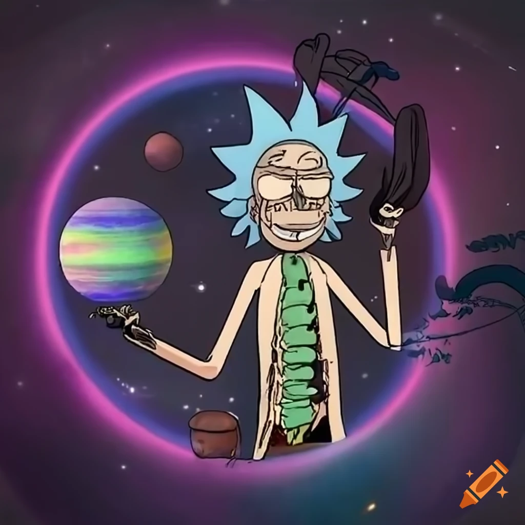 Skeleton Rick riding a dead bison in space with colorful planets around ...