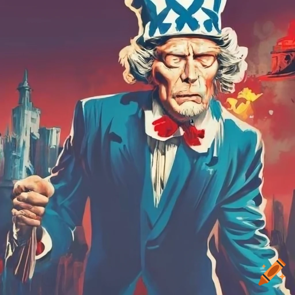 Poster of uncle sam with disasters in the background on Craiyon
