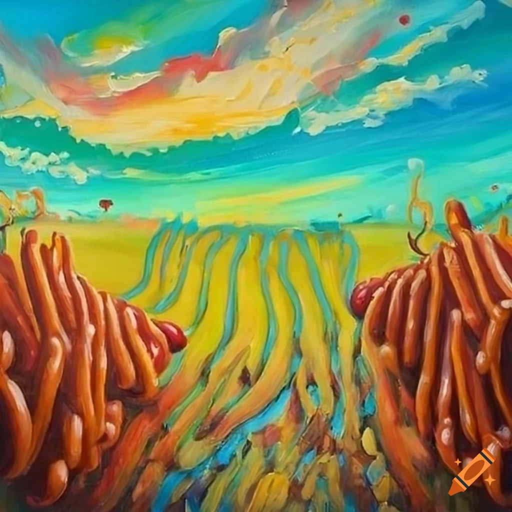 Field of growing hot dogs in a detailed acrylic painting on Craiyon