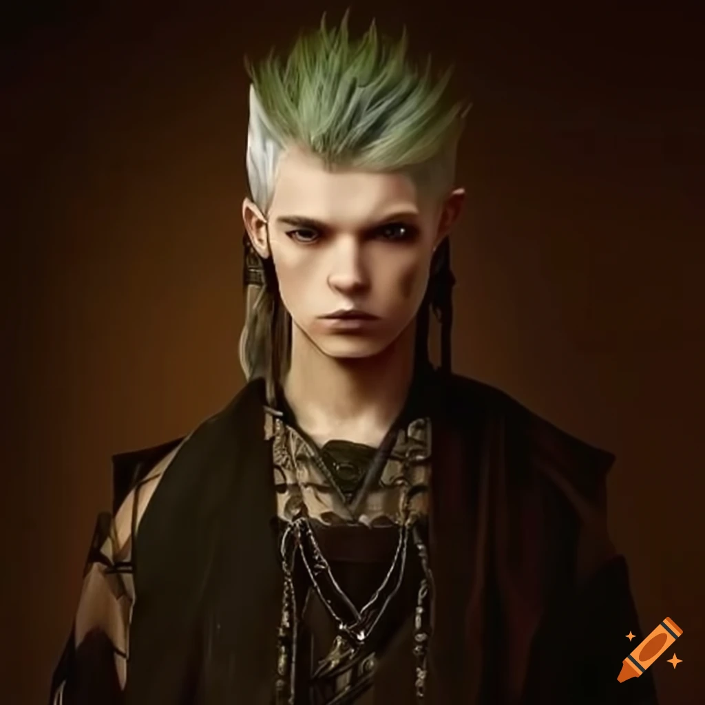 Punk male elvish shinto priest in unique attire on Craiyon