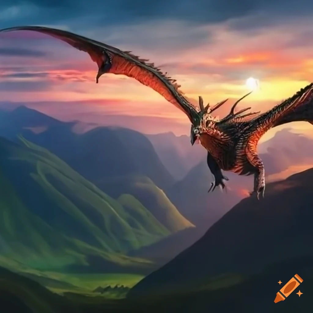 Intricately detailed dragon flying over a sunset valley on Craiyon