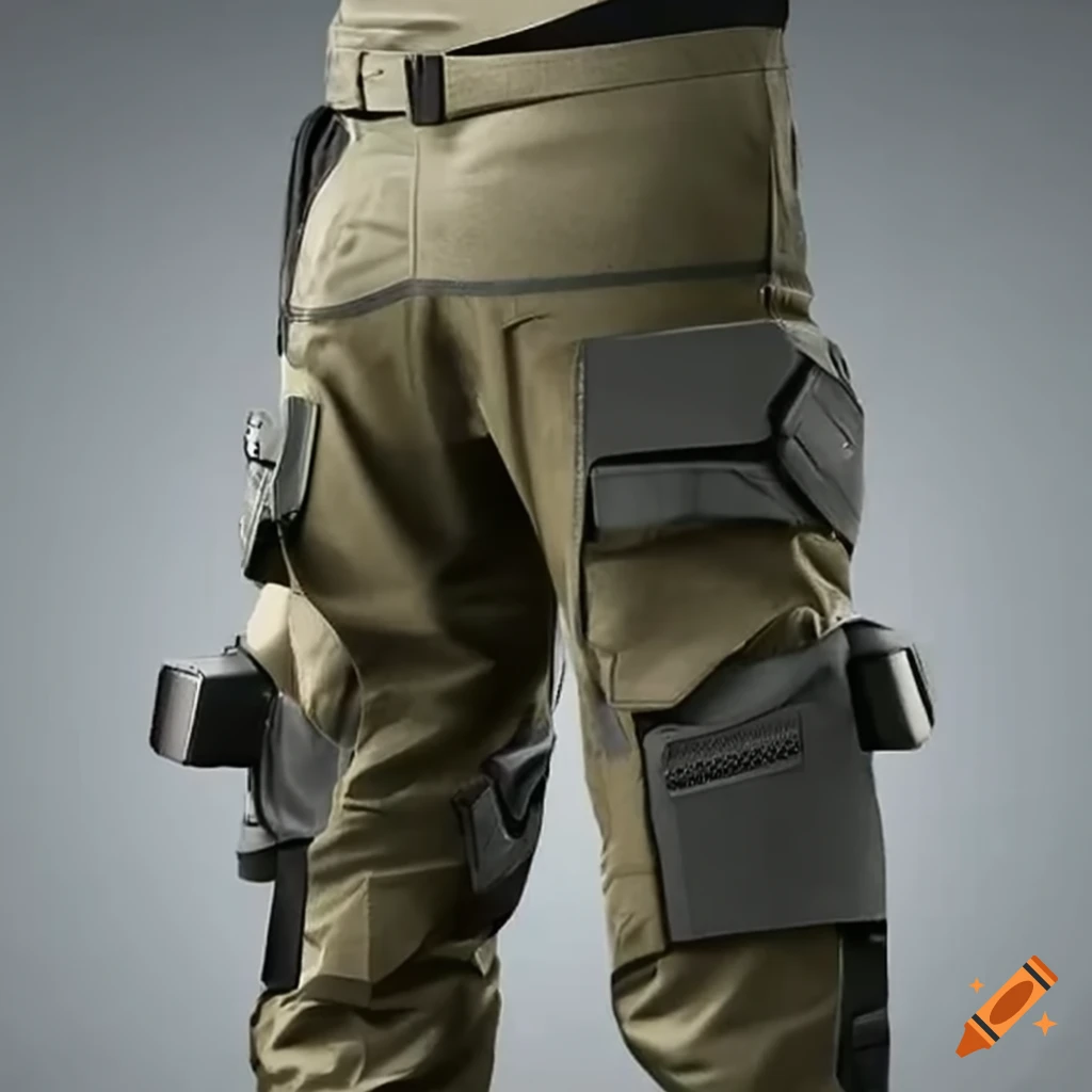 High-tech utility pants with built-in flashlight design on Craiyon