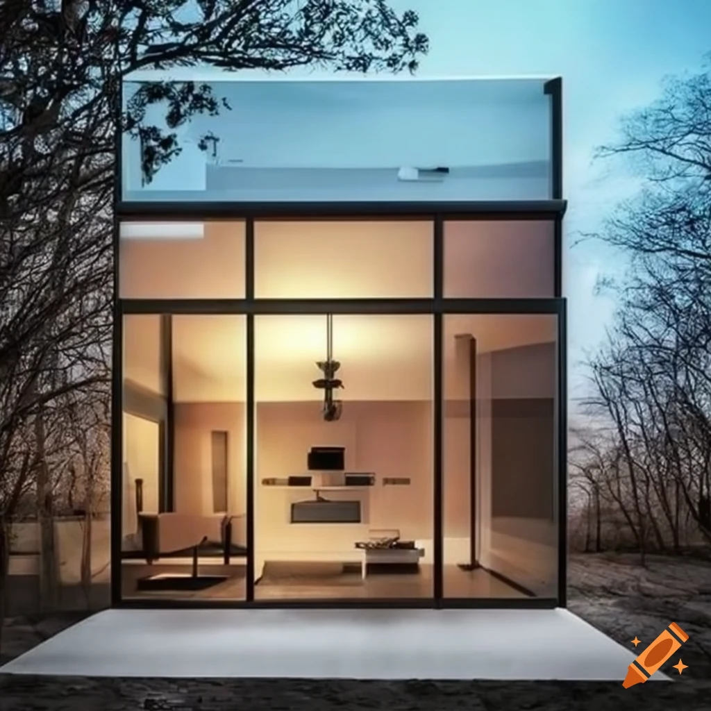 Modular glass house with street view and interior layout on Craiyon
