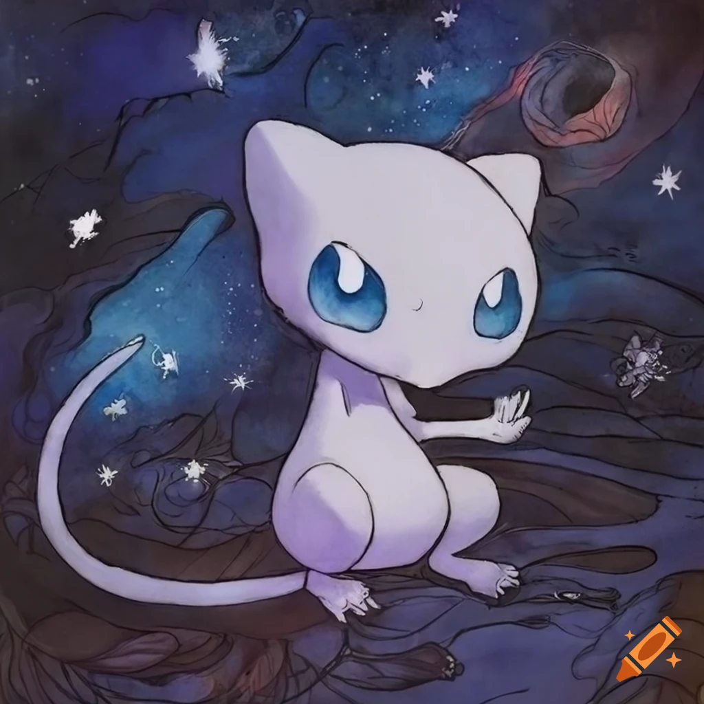 Mew (Pokémon) under starry sky in a detailed art, Final Fantasy concept ...