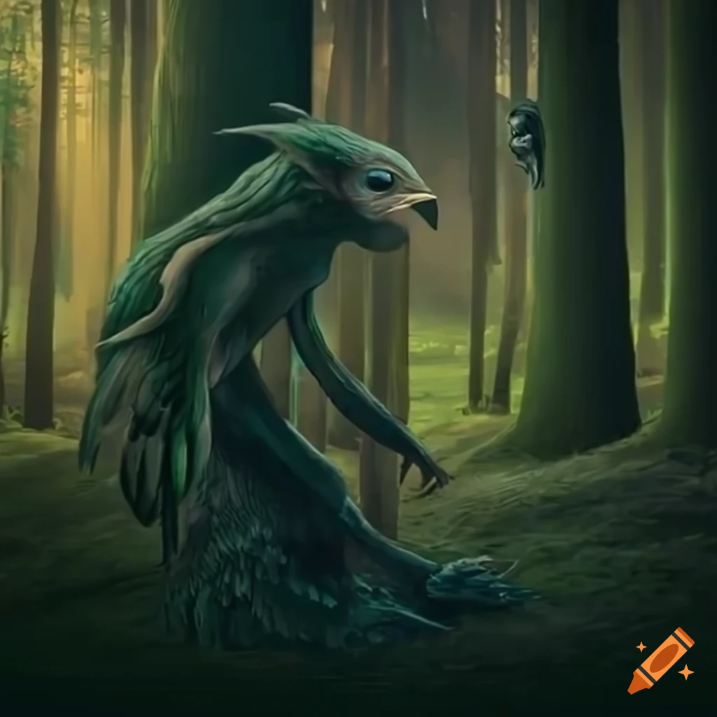 Mythical forest guardian overlooking child and giant bird in peaceful ...