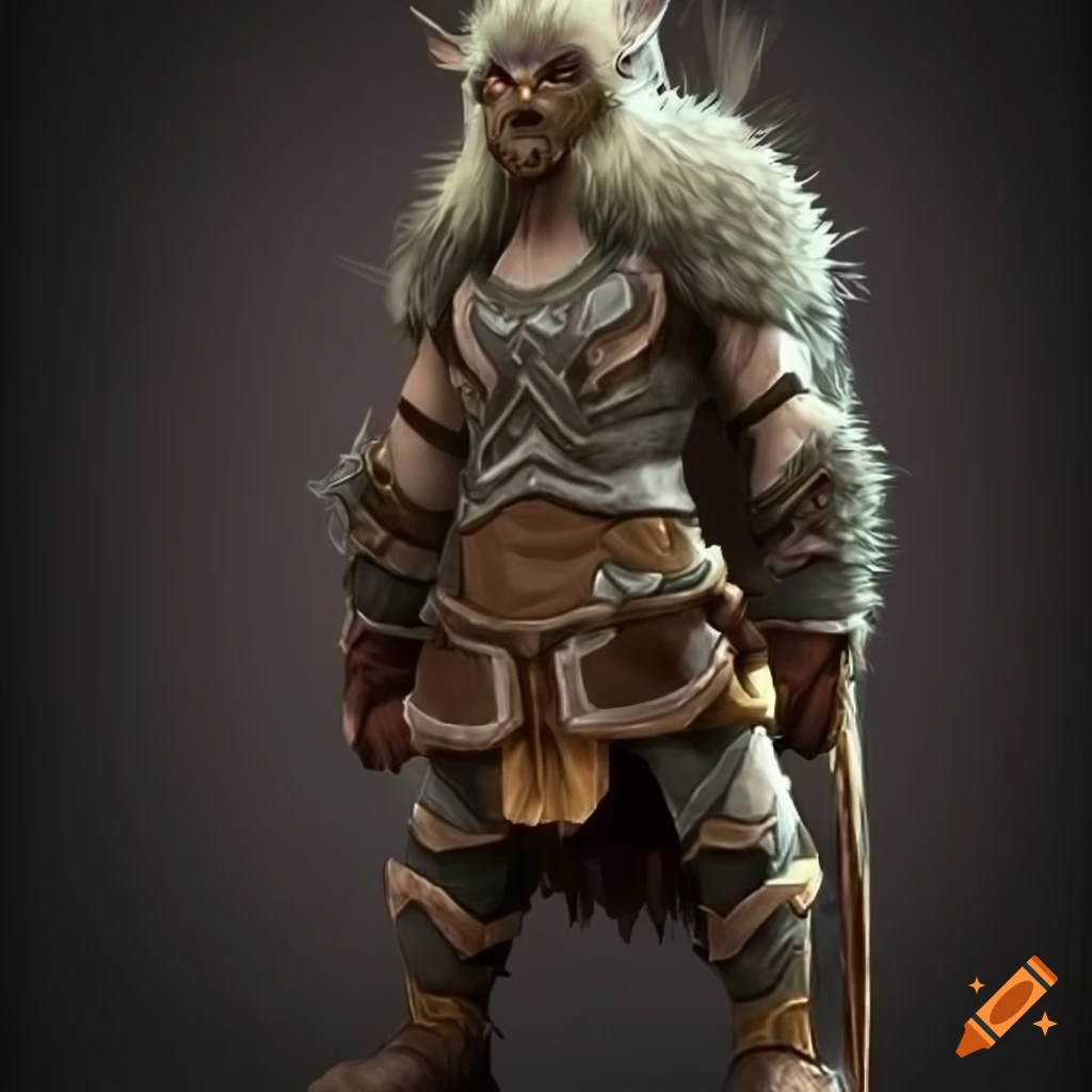 Firbulg druid male in grey fur and bark armor on Craiyon