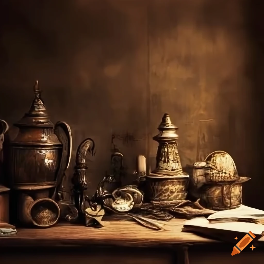 Interior of a gloomy rustic antique shop gallery on Craiyon