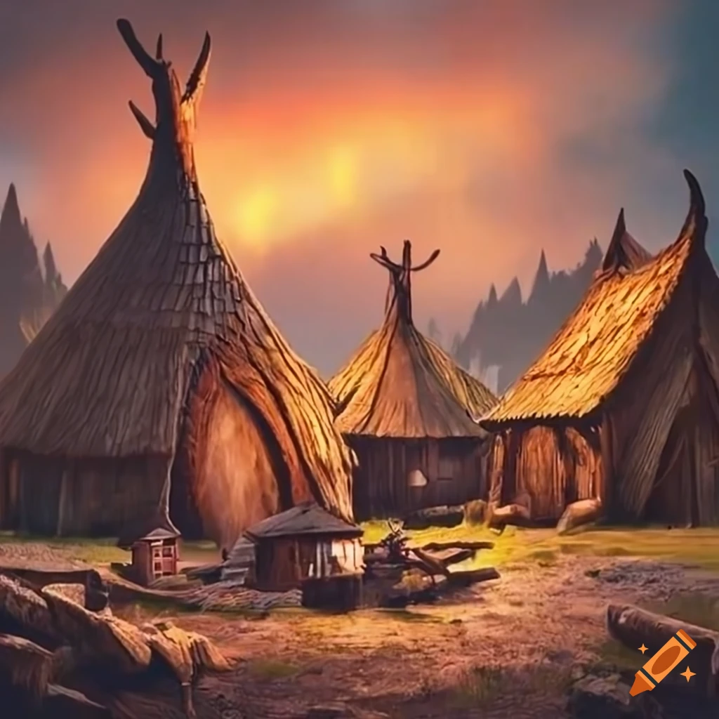 Viking village with longhouses and a bonfire on Craiyon