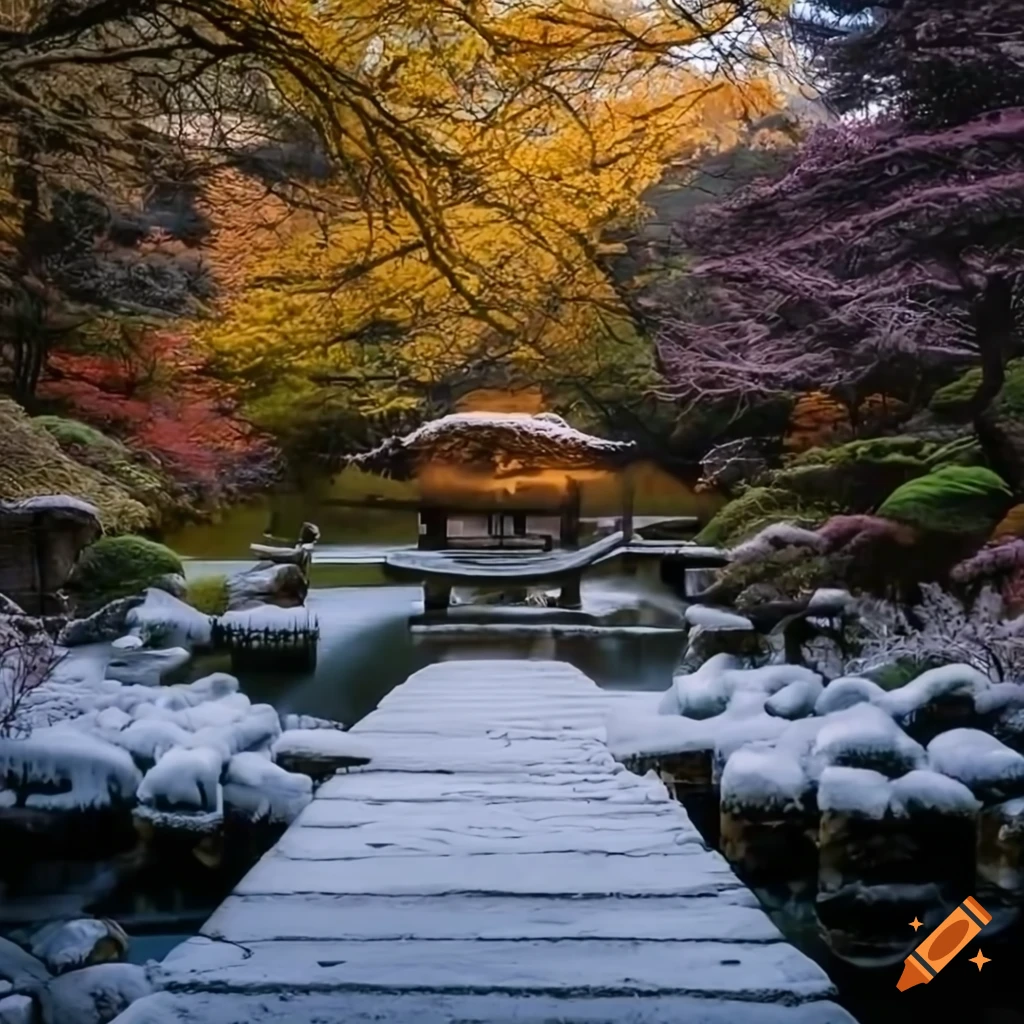 Serene Japanese garden with bridges, blossoms, and ancient statues in ...