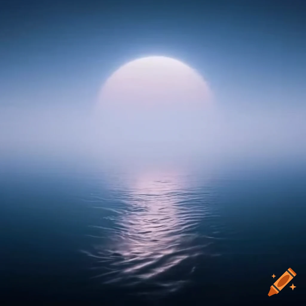 Vast water world with low fog and a distant door to another world on ...