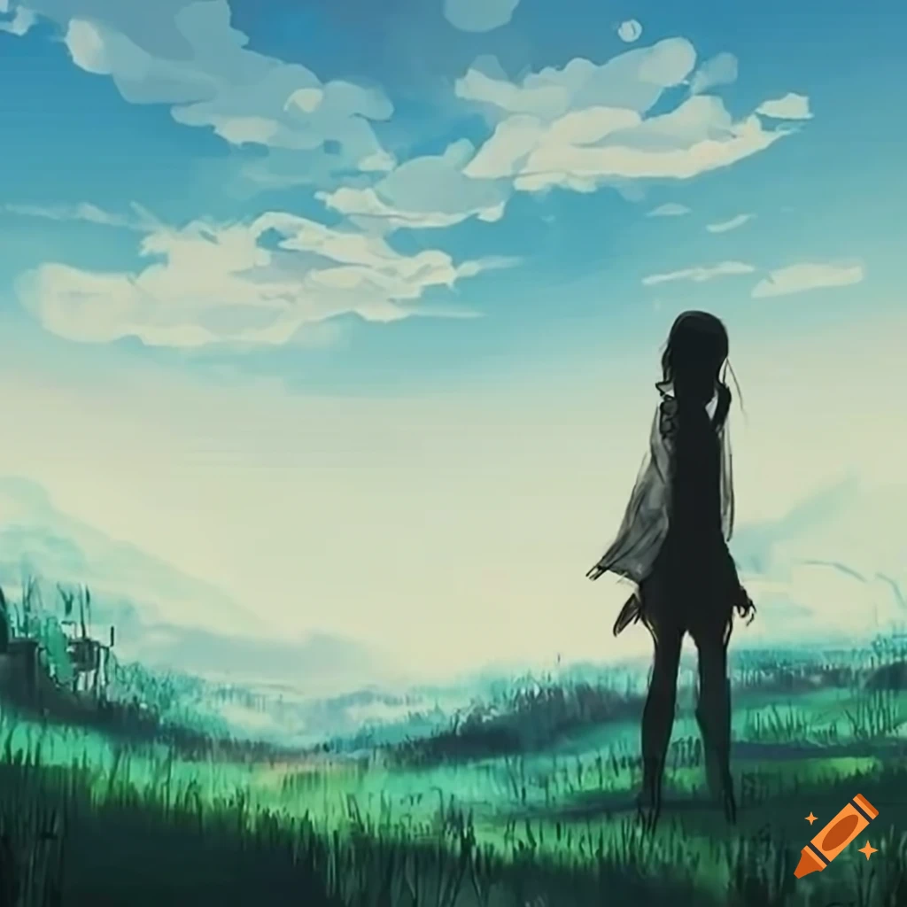 Anime portrait of farm grassland landscape with fantasy city in the ...