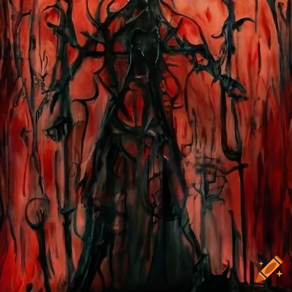 Ancient necromancer in a bone form tending a graveyard in red and black ...