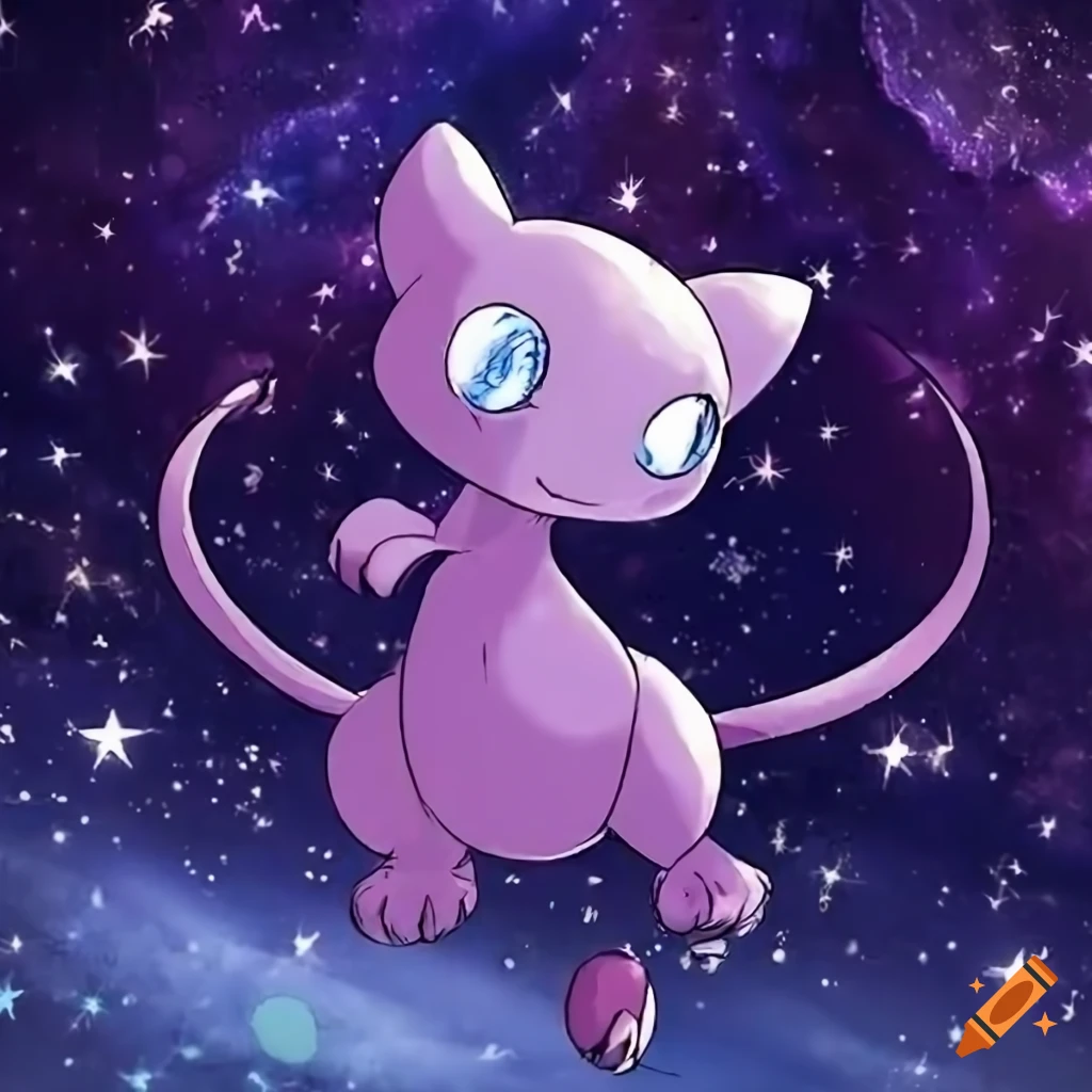 Mew (Pokémon) under starry sky in a beautiful manga art style on Craiyon