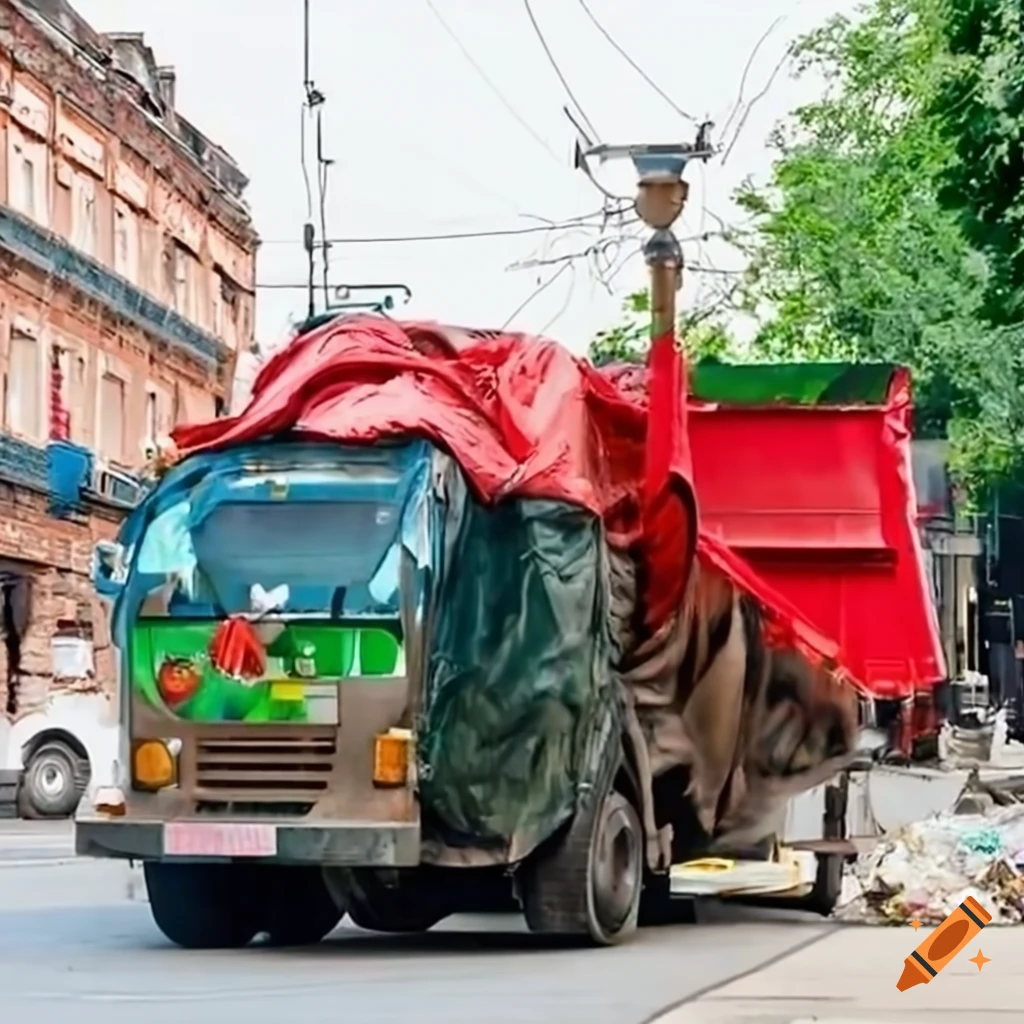 Garbage truck collecting waste with a pipe resembling an elephant trunk ...