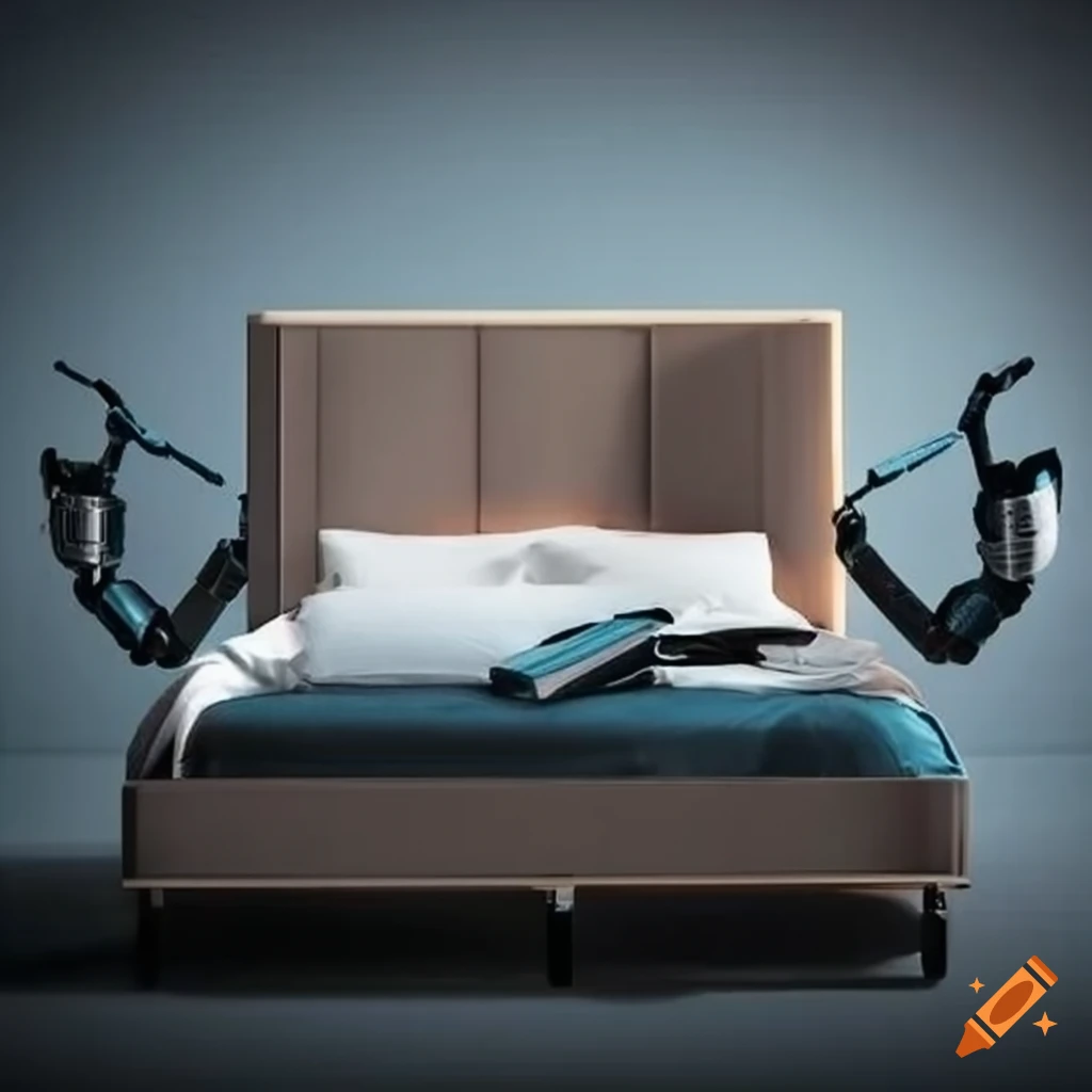 Robotic hands on a headboard ready to make the bed on Craiyon