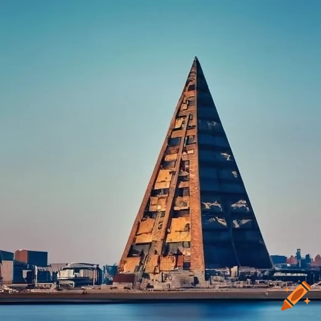 Imposing industrial pyramid structure against a gritty urban background ...