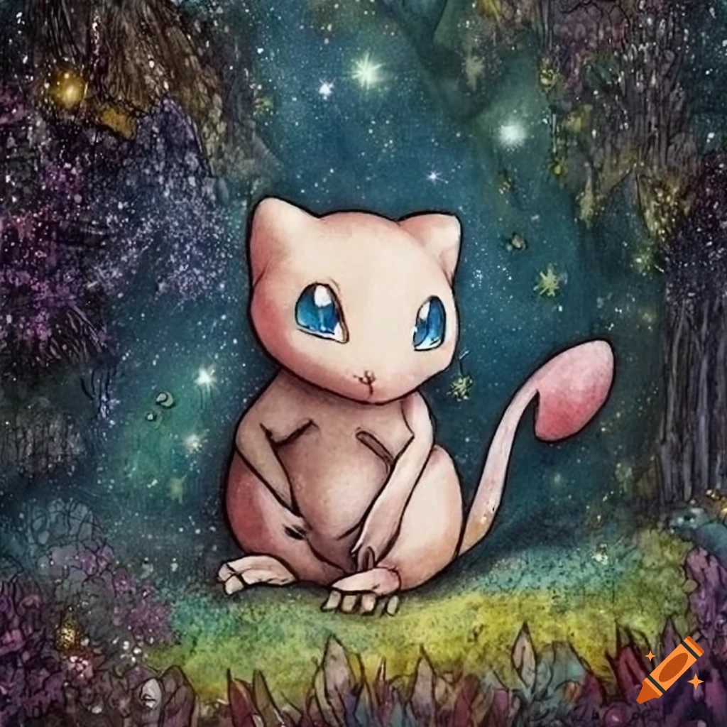 Mew Pokémon under starry sky in a detailed storybook illustration on ...
