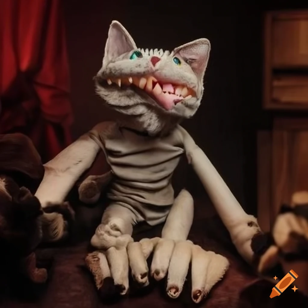 Diabolical cat puppet with dragon teeth and tail on Craiyon