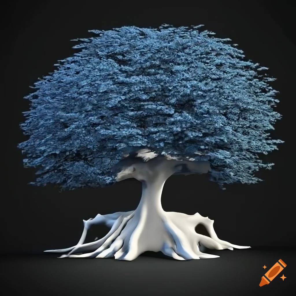 Japanese tree with dark blue leaves and white trunk in 3d on Craiyon
