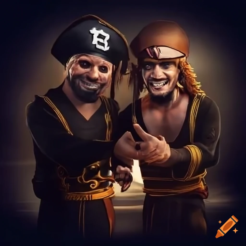 Two pirates shaking hands in front of their crews on Craiyon