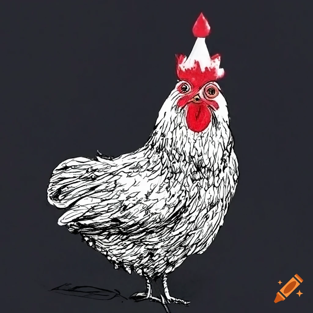 Ink drawing of a chicken with a small party hat on Craiyon
