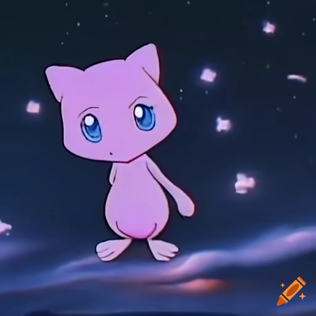 Mew (Pokémon) under starry sky in a 1960s Hanna-Barbera cartoon style ...