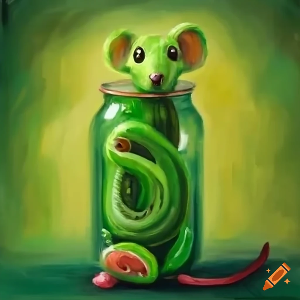 Scared cute storybook green mouse made of pickles inside a pickle jar ...