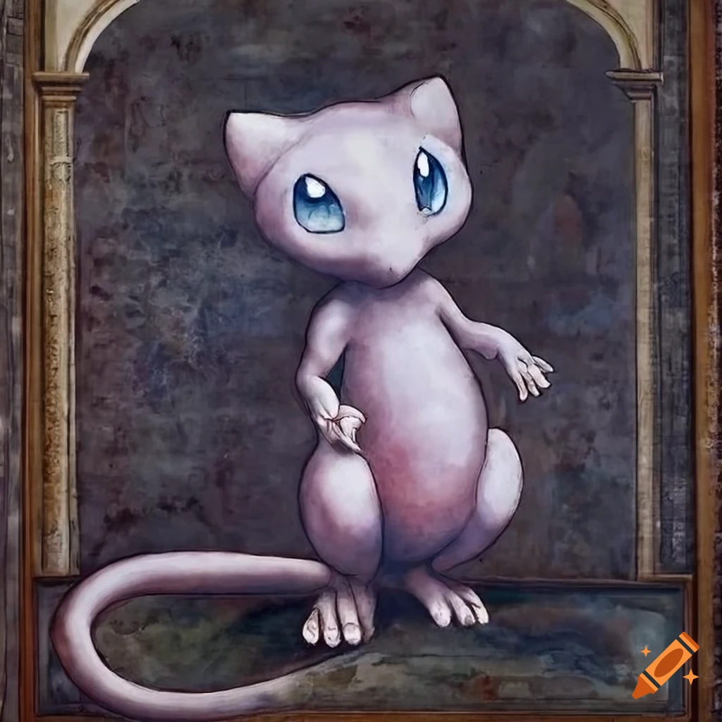 Mew Pokemon under a starry sky in a detailed renaissance fresco on Craiyon