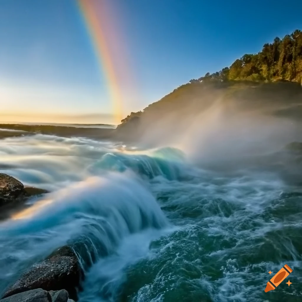 Perfect waterfall with waves and rainbows in analog photography on Craiyon