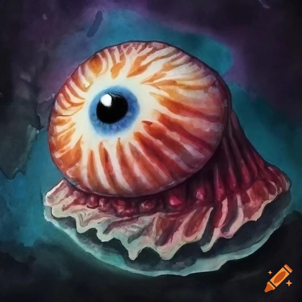 Horror eyeball in a seashell with watercolor and india inks on Craiyon