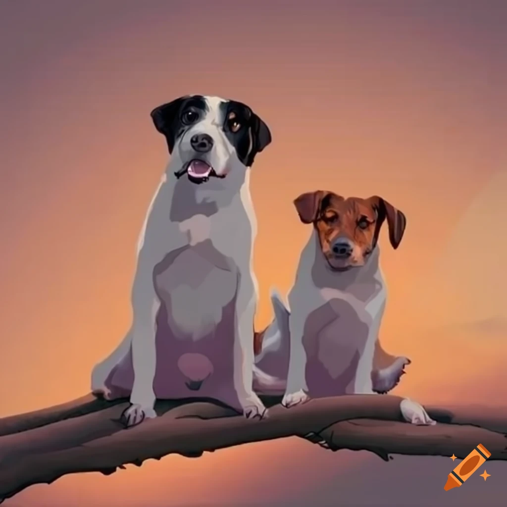 Three dogs sitting on a branch gazing at the sunset on Craiyon
