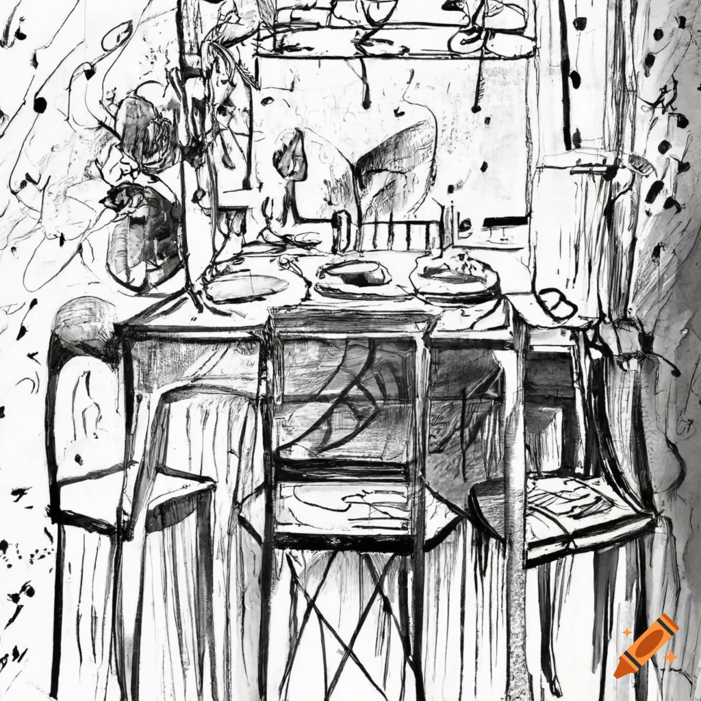 Table with lunch in ink drawing on Craiyon