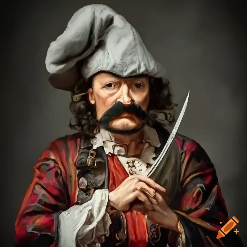 French Pirate chef with sword and curly mustache in an oil painting ...
