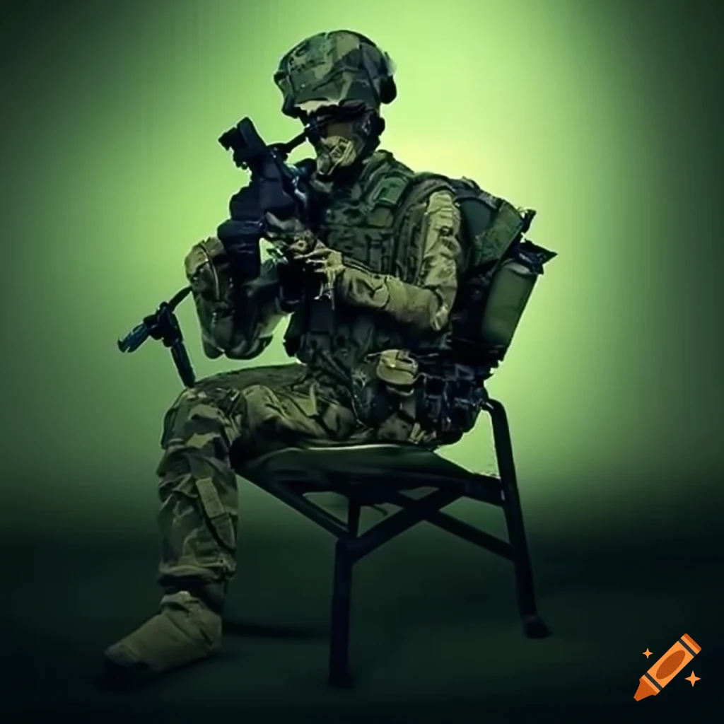Skeleton soldier relaxing in a camouflage lawn chair with night vision ...