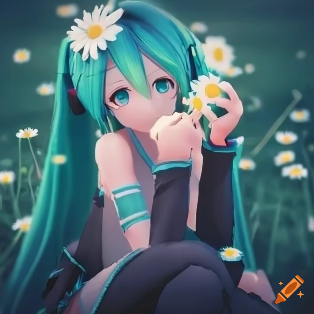 Hatsune miku sitting in a field with a daisy looking at the sunset on ...