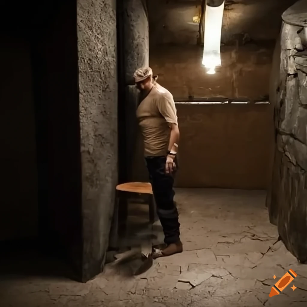 Man standing in a basement near chairs, table, and toilet on Craiyon
