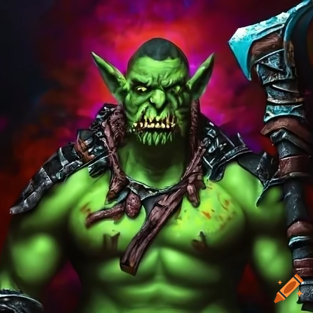 Orc warrior with axes in psychedelic colors and 'ecko' written in blood ...
