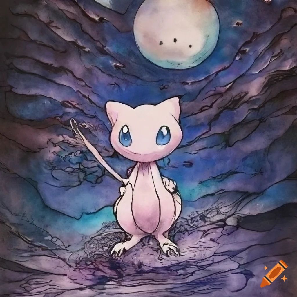 Mew (Pokémon) under starry sky in a detailed art, Final Fantasy concept ...