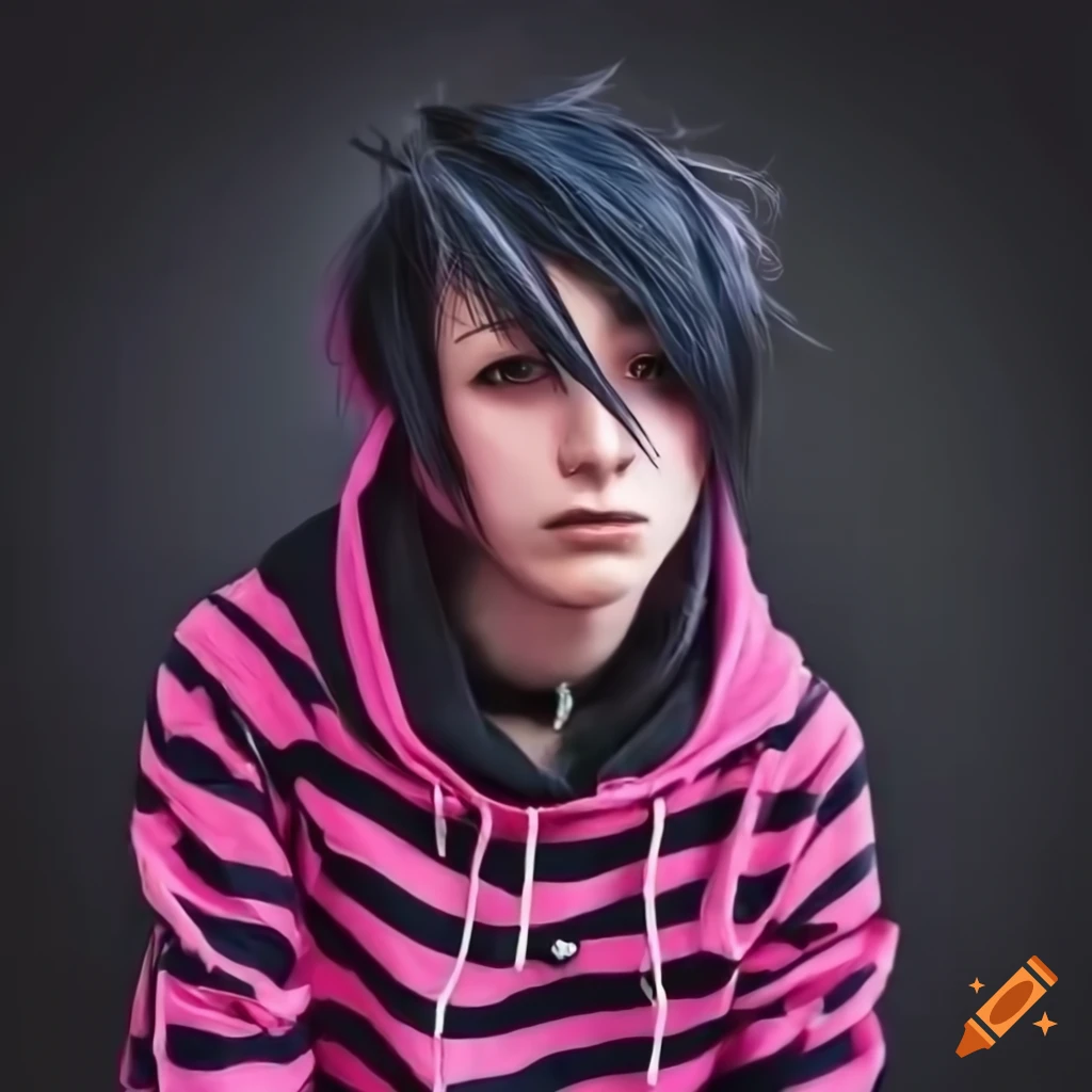 Emo guy with black and pink striped hoodie and hair on Craiyon