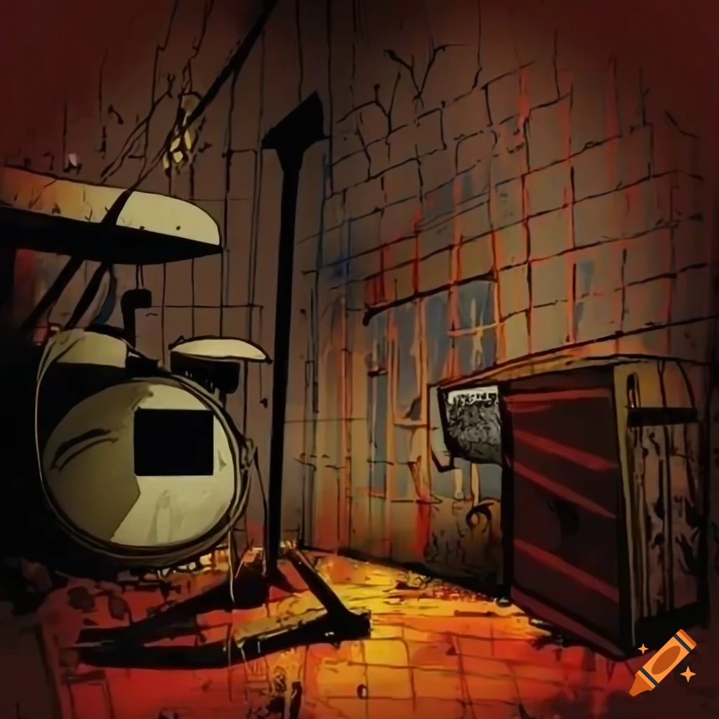 Abandoned practice room with musical instruments in comic art style on ...