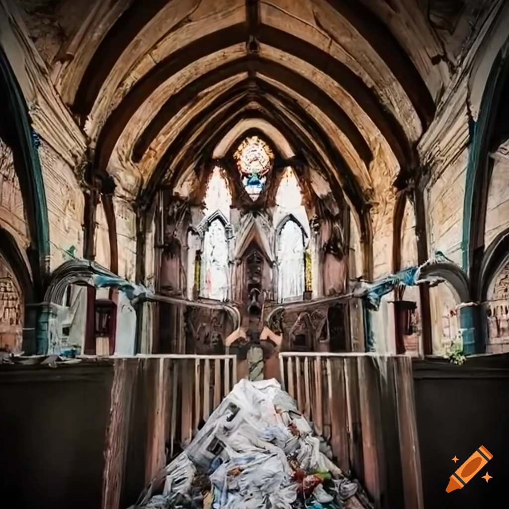 Abandoned church filled with trash bags and toxic waste on Craiyon