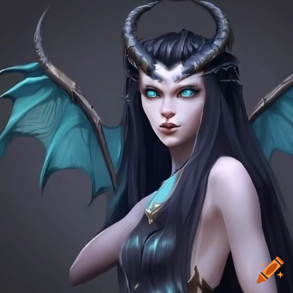 Woman with demon features riding a dragon on Craiyon