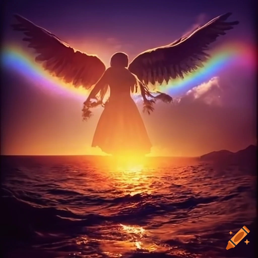 Angel in the sky above mountains, river, sun, and rainbow on Craiyon