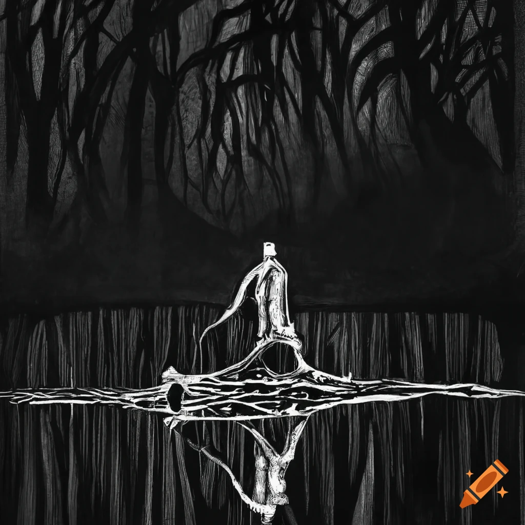 Intricately detailed black ink drawing of reflection on a lake on Craiyon