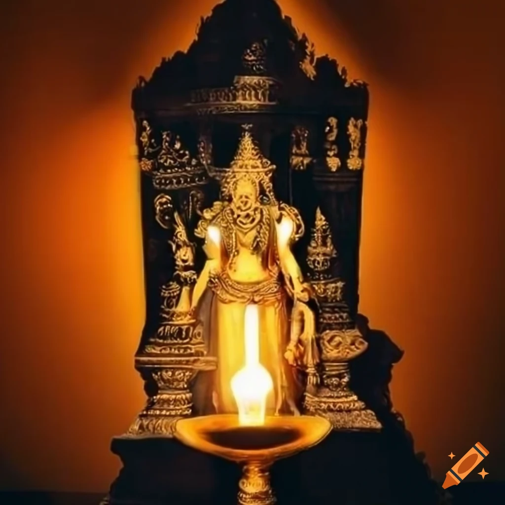 Lamp lit in front of vishnu idol on Craiyon